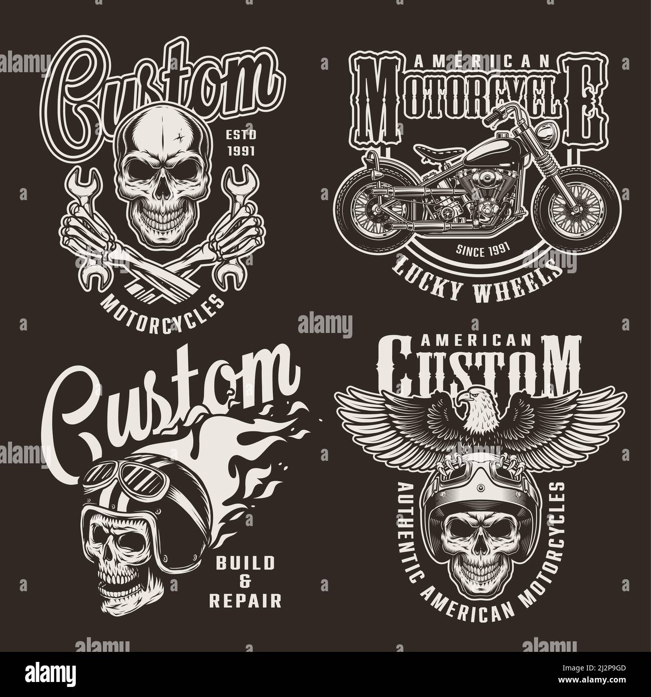 Vintage monochrome custom motorcycle prints with motorcyclist skulls ...