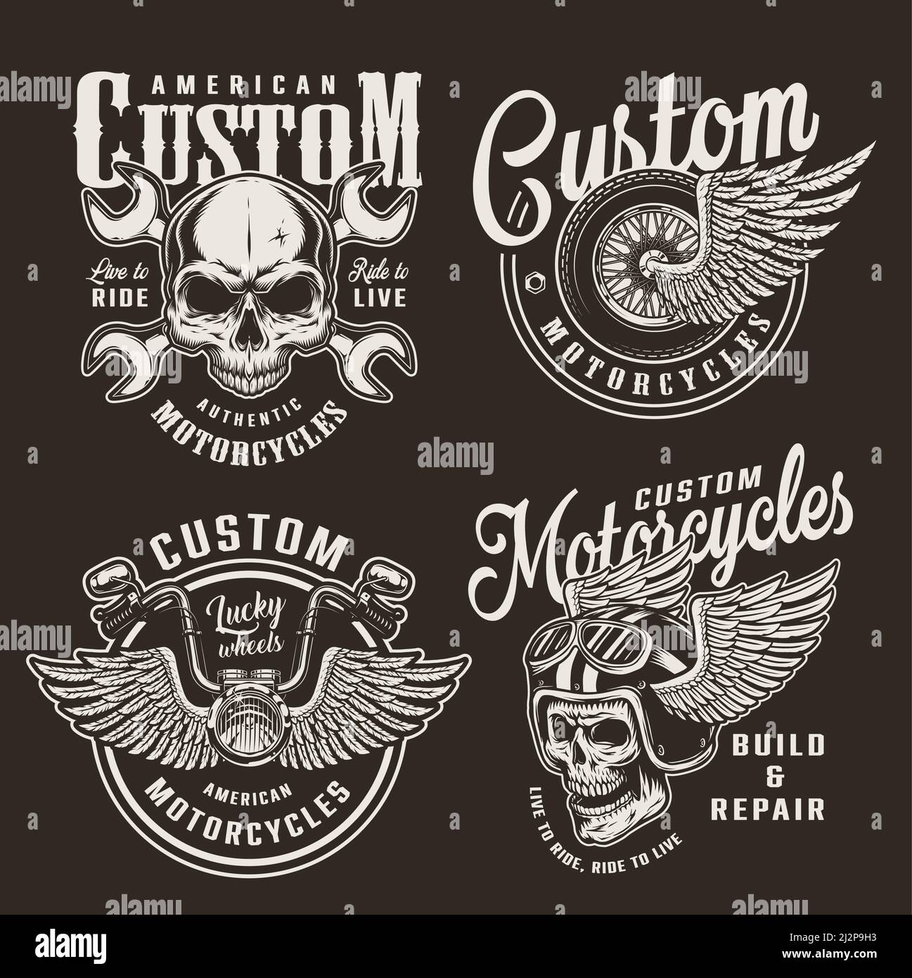 Vintage monochrome custom motorcycle logos with motorcyclist skulls ...