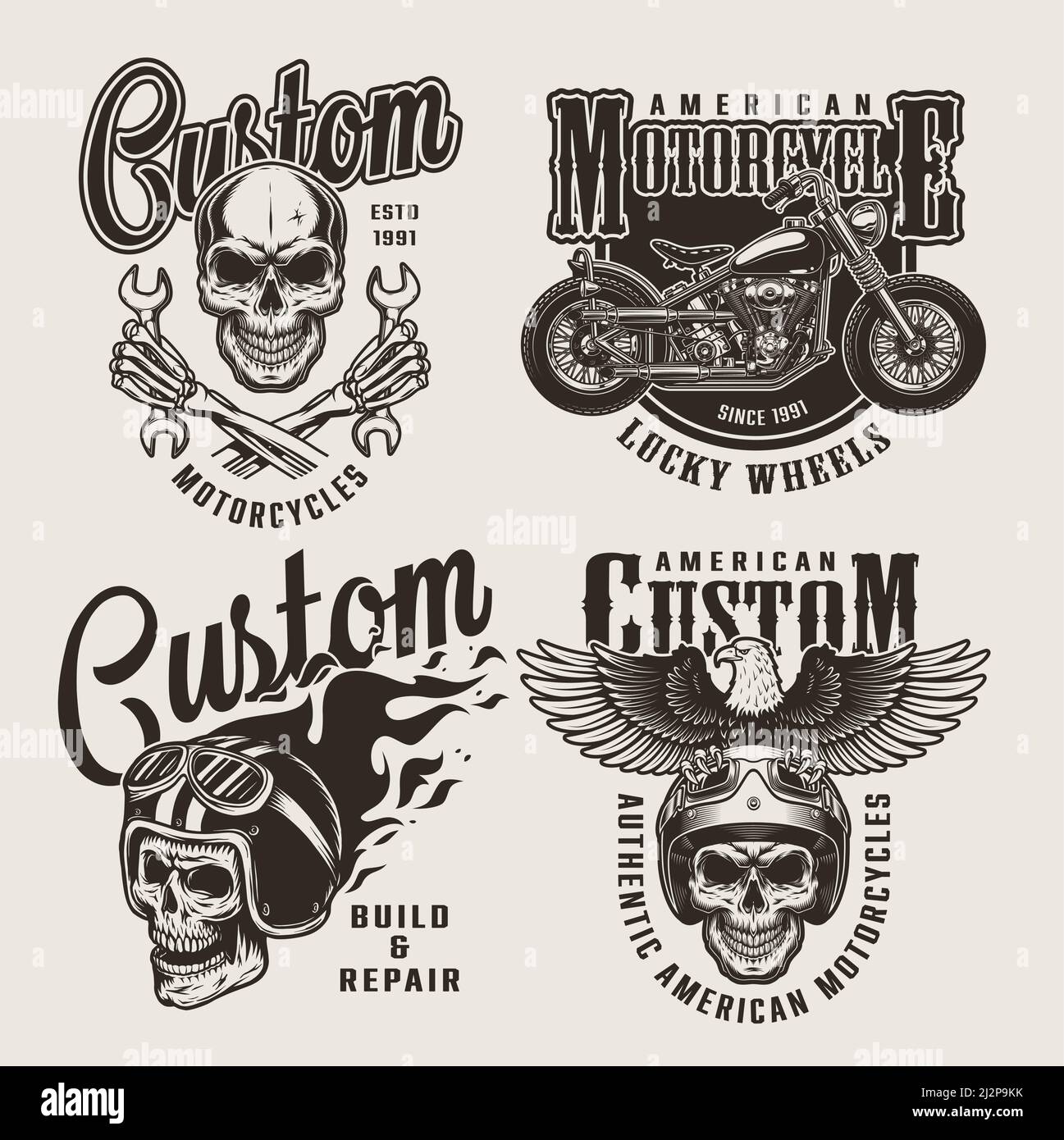 Vintage custom motorcycle prints with motorcyclist skulls chopper eagle ...