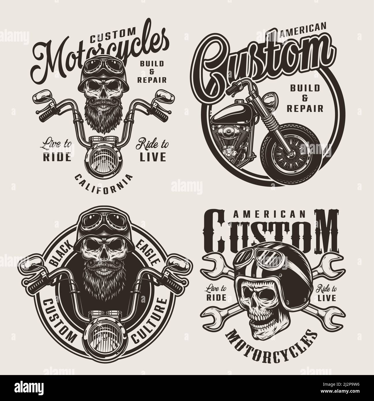 Vintage monochrome custom motorcycle badges with biker and motorcyclist ...