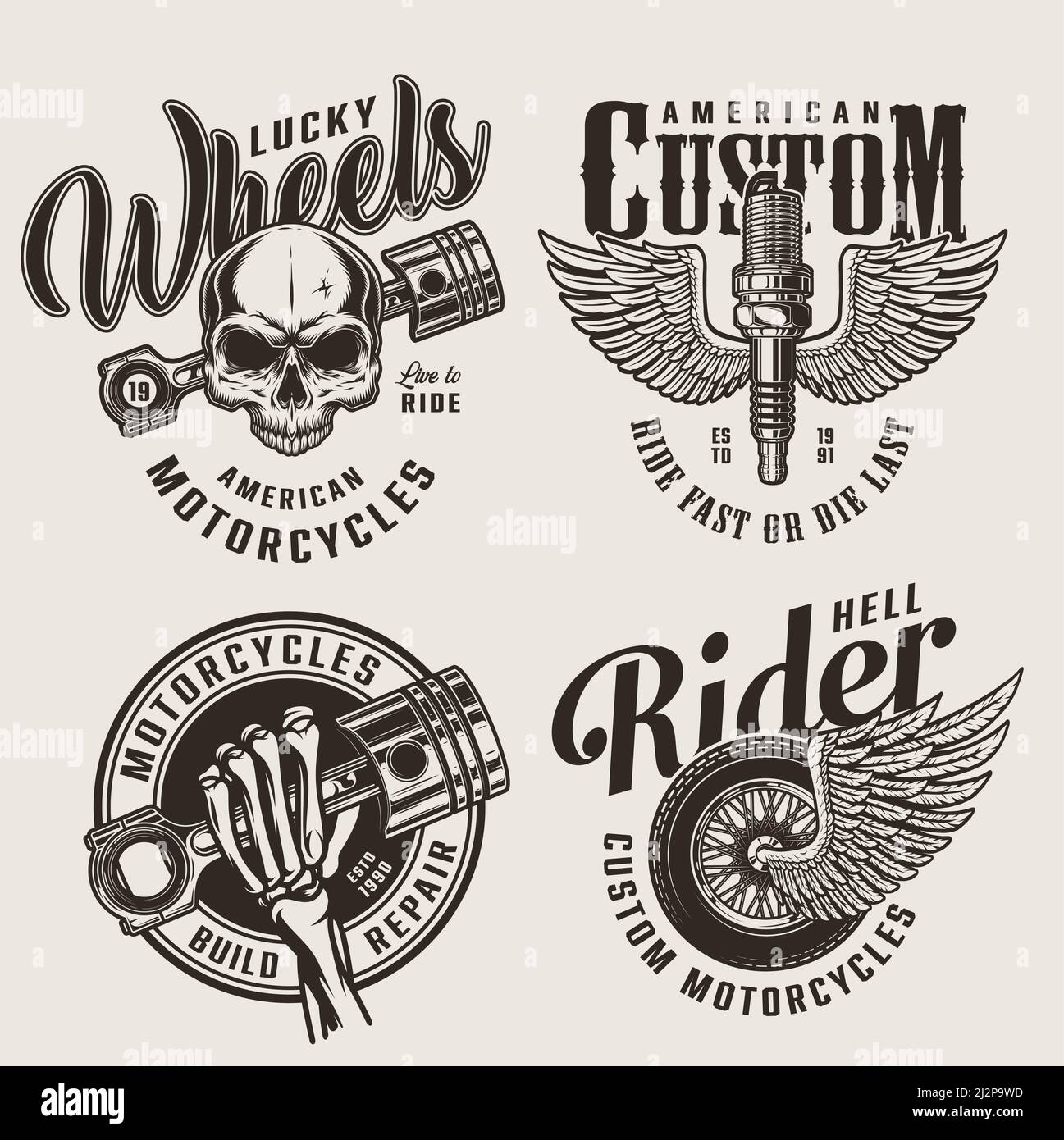Vintage motorcycle repair service emblems with skull skeleton hand ...