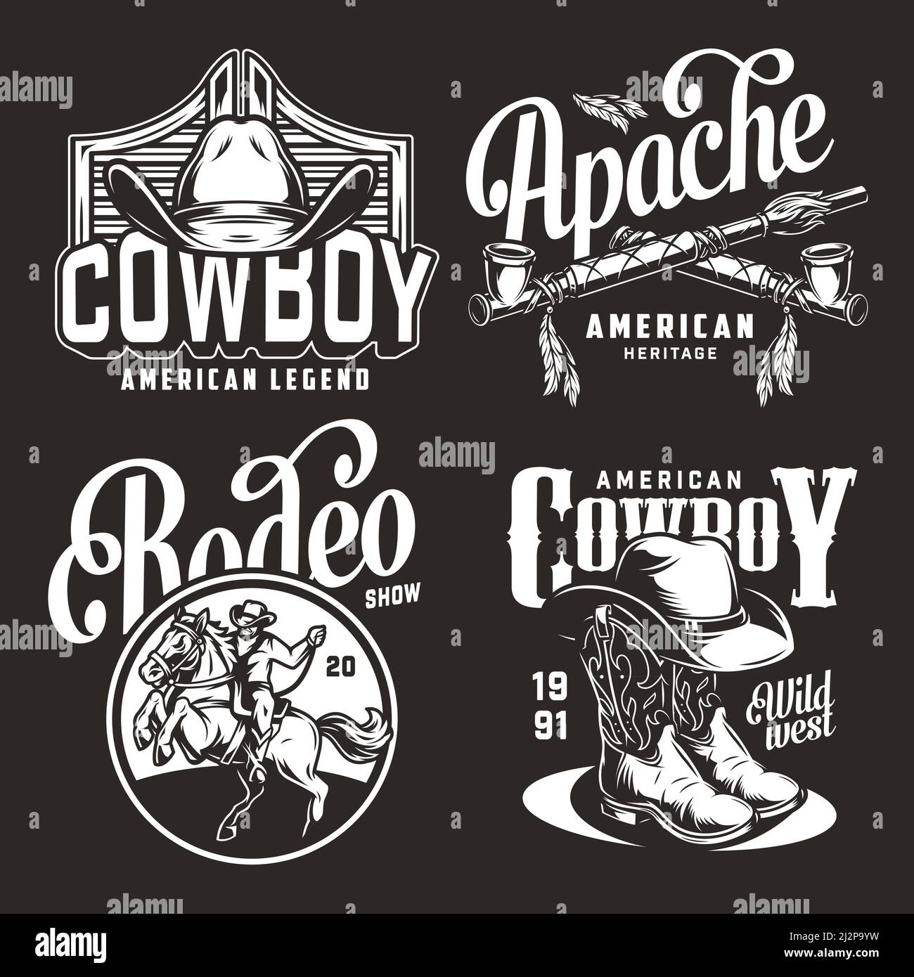 Monochrome vintage wild west prints with crossed american indian ...