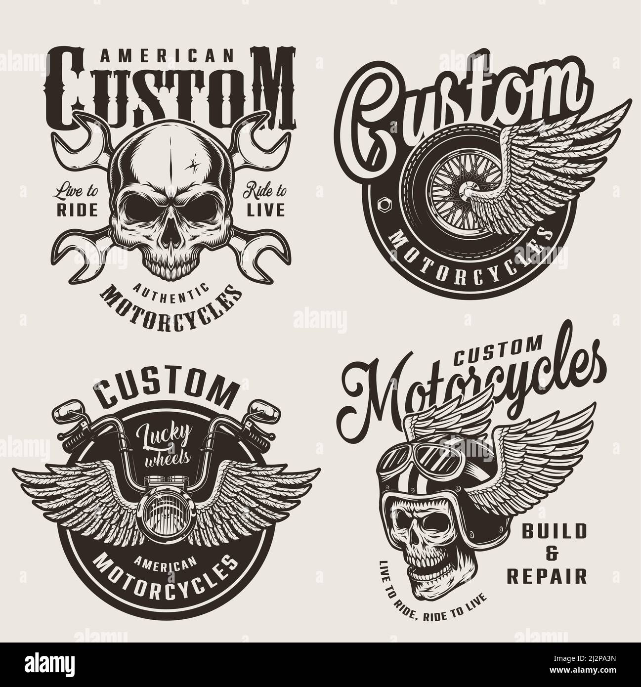 Vintage custom motorcycle emblems with motorcyclist skull in winged ...