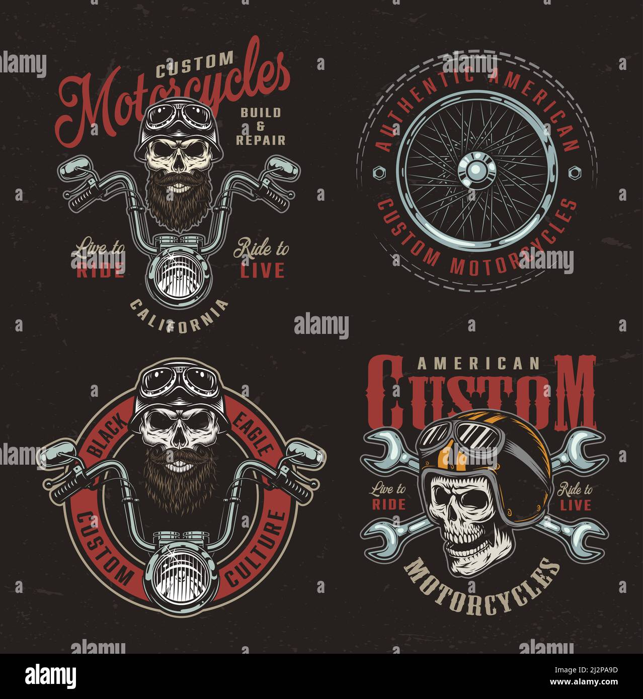 Vintage colorful custom motorcycle logotypes with biker and ...