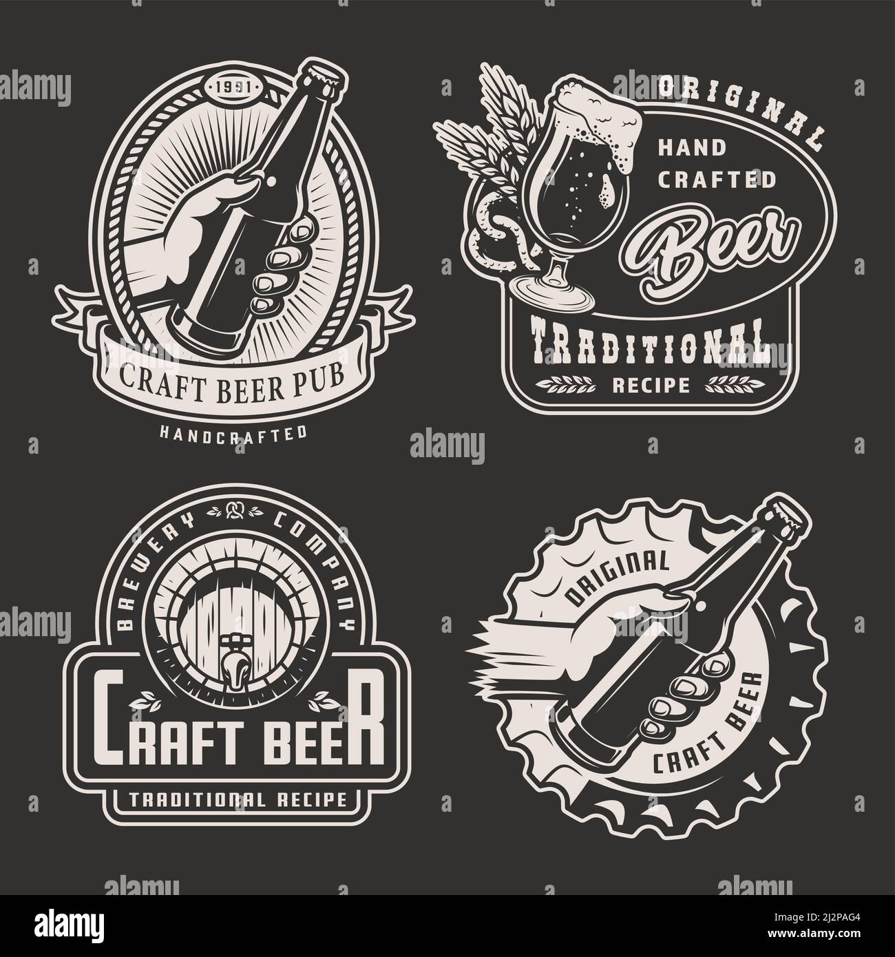 Vintage monochrome brewery labels with beer glass pretzel barley ears ...