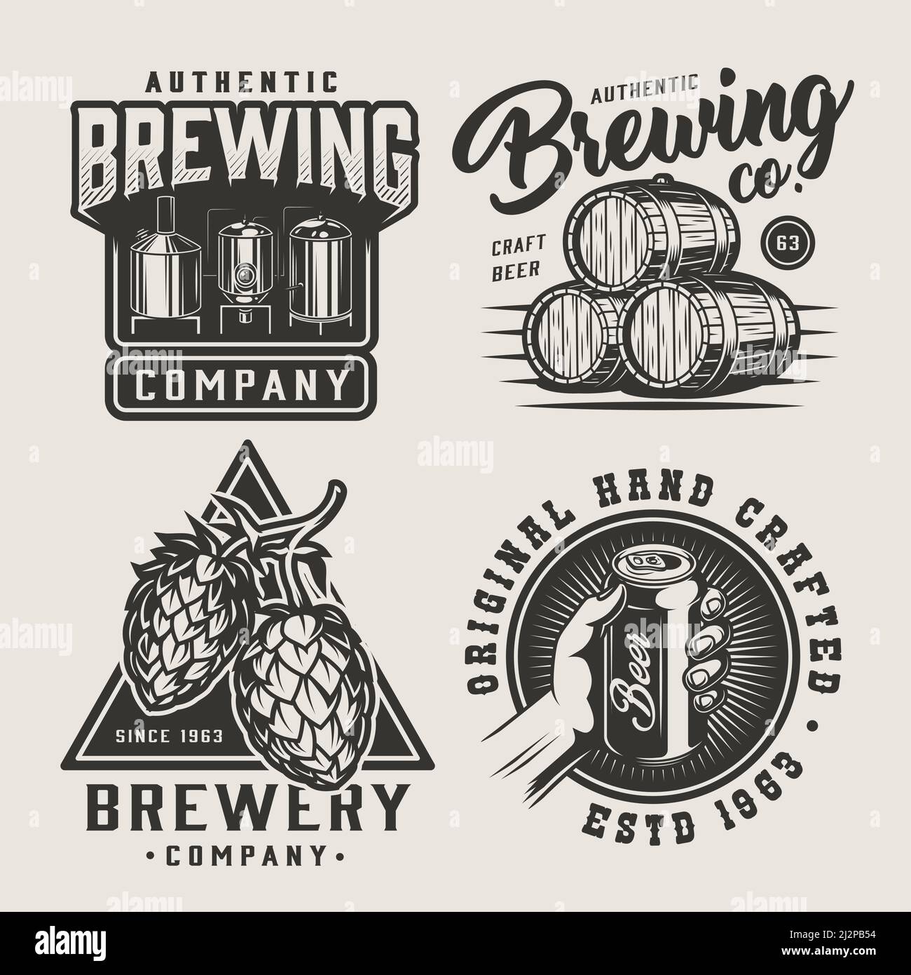 Vintage beer monochrome logos set with brewing equipment wooden barrels ...