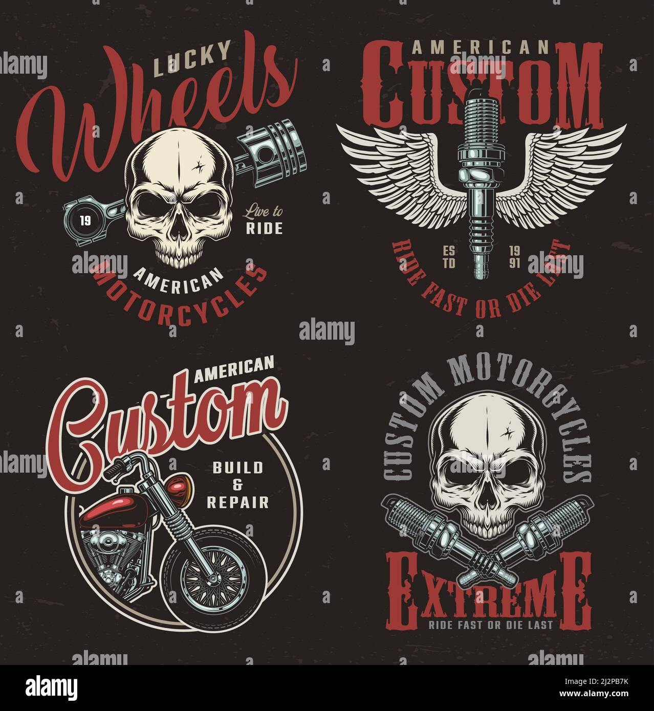 Vintage motorcycle repair service logos with chopper skulls engine ...