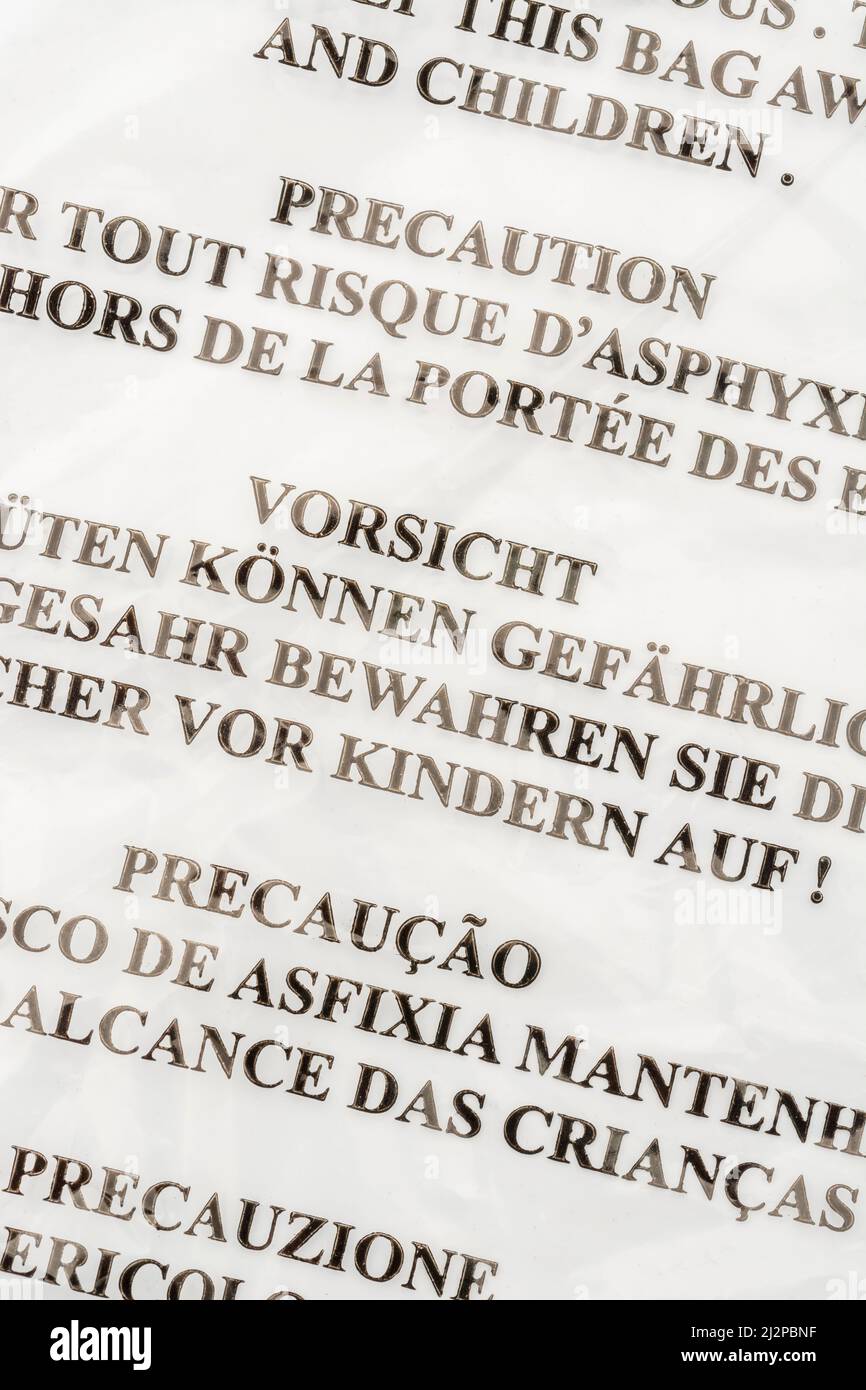 Danger from Suffocation warning (German & multi language) on LDPE / Low ...