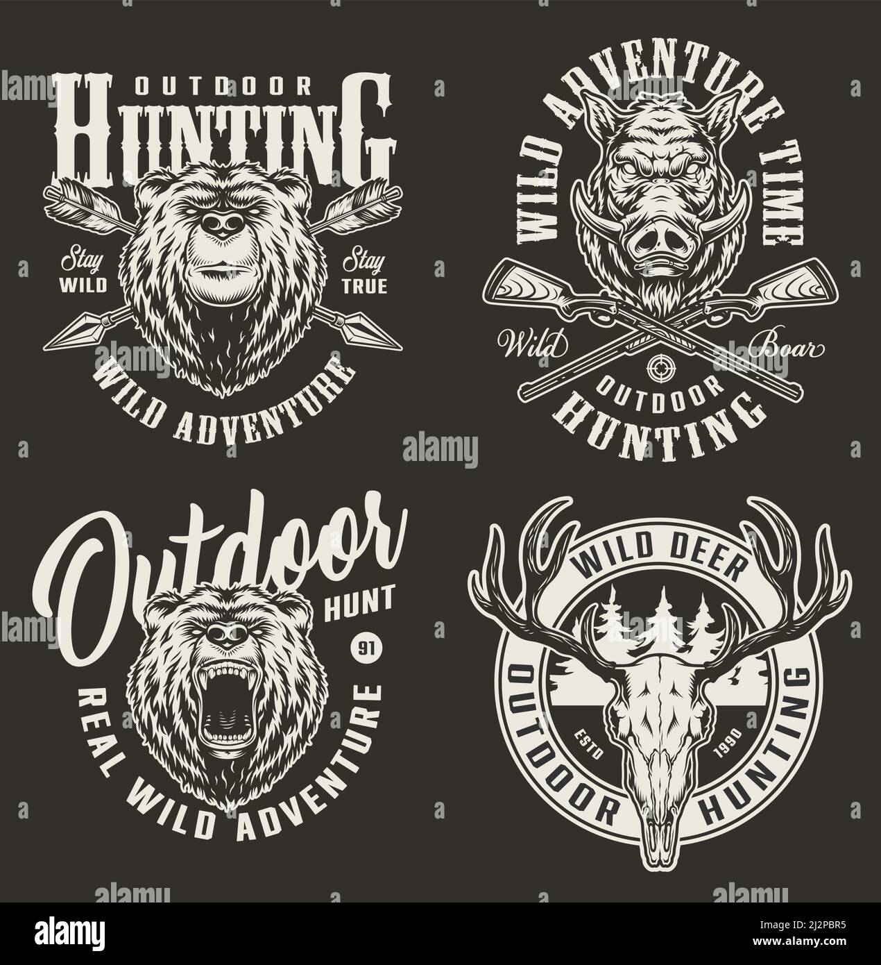 Vintage hunting labels with deer skull bear and boar heads forest ...