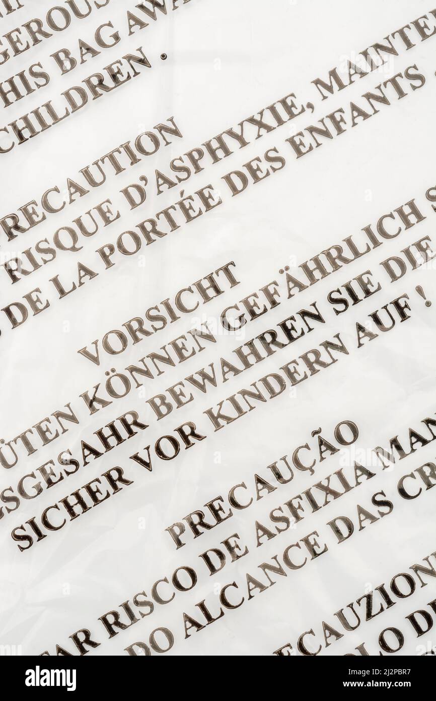 Danger from Suffocation warning (German & multi language) on LDPE / Low ...