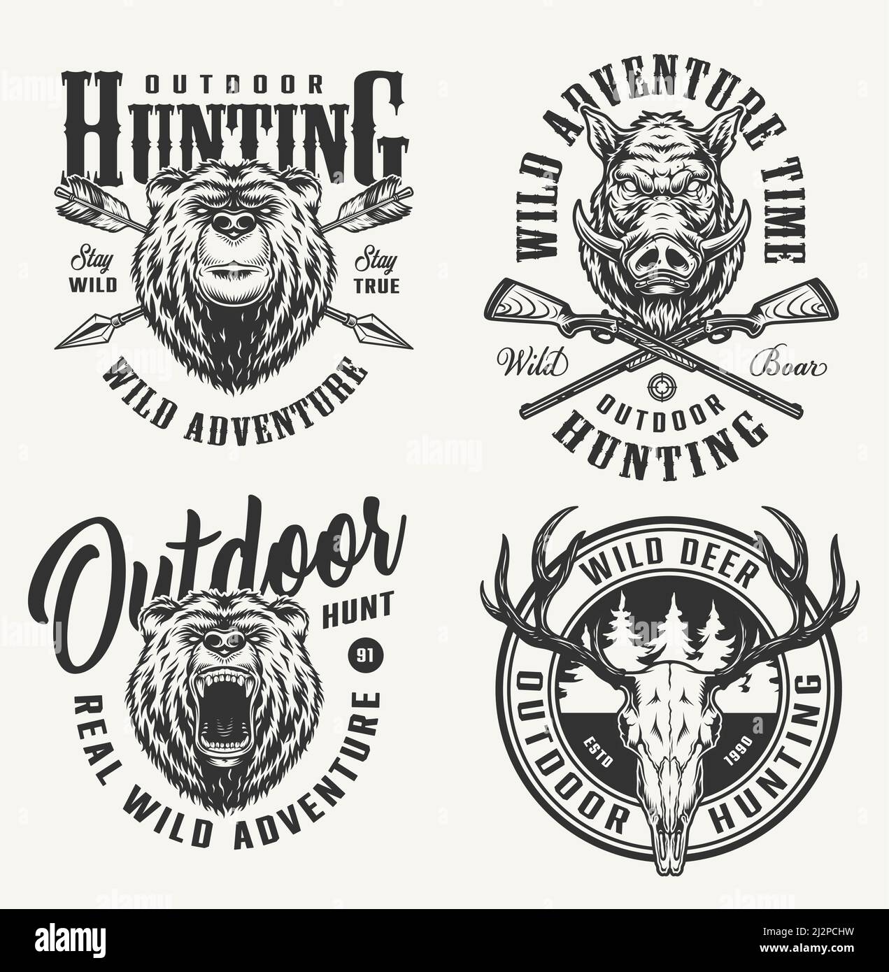 Vintage monochrome hunting badges with bear and hog heads deer skull ...