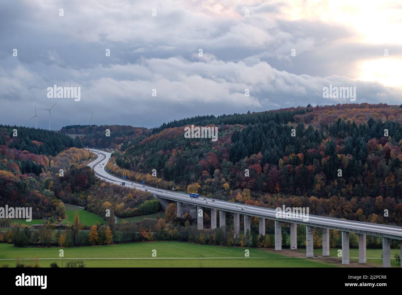 German Autobahn bridge over the tauber valley with the street between ...