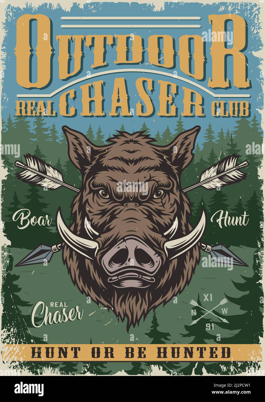 Vintage hunting colorful poster with boar head and crossed arrows on ...