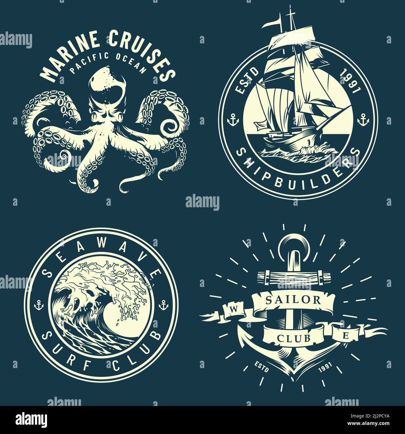 Vintage marine and nautical logos with octopus sea wave anchor ship in ...