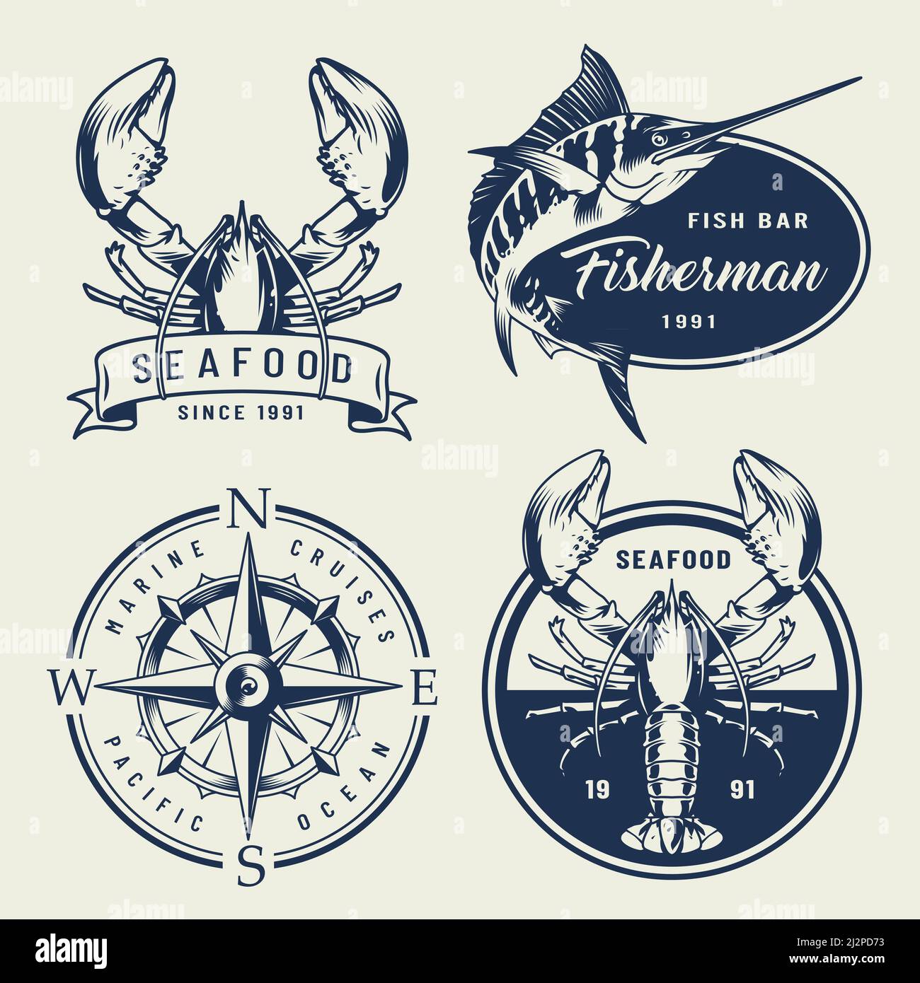 Vintage sea emblems collection with lobsters swordfish compass in ...