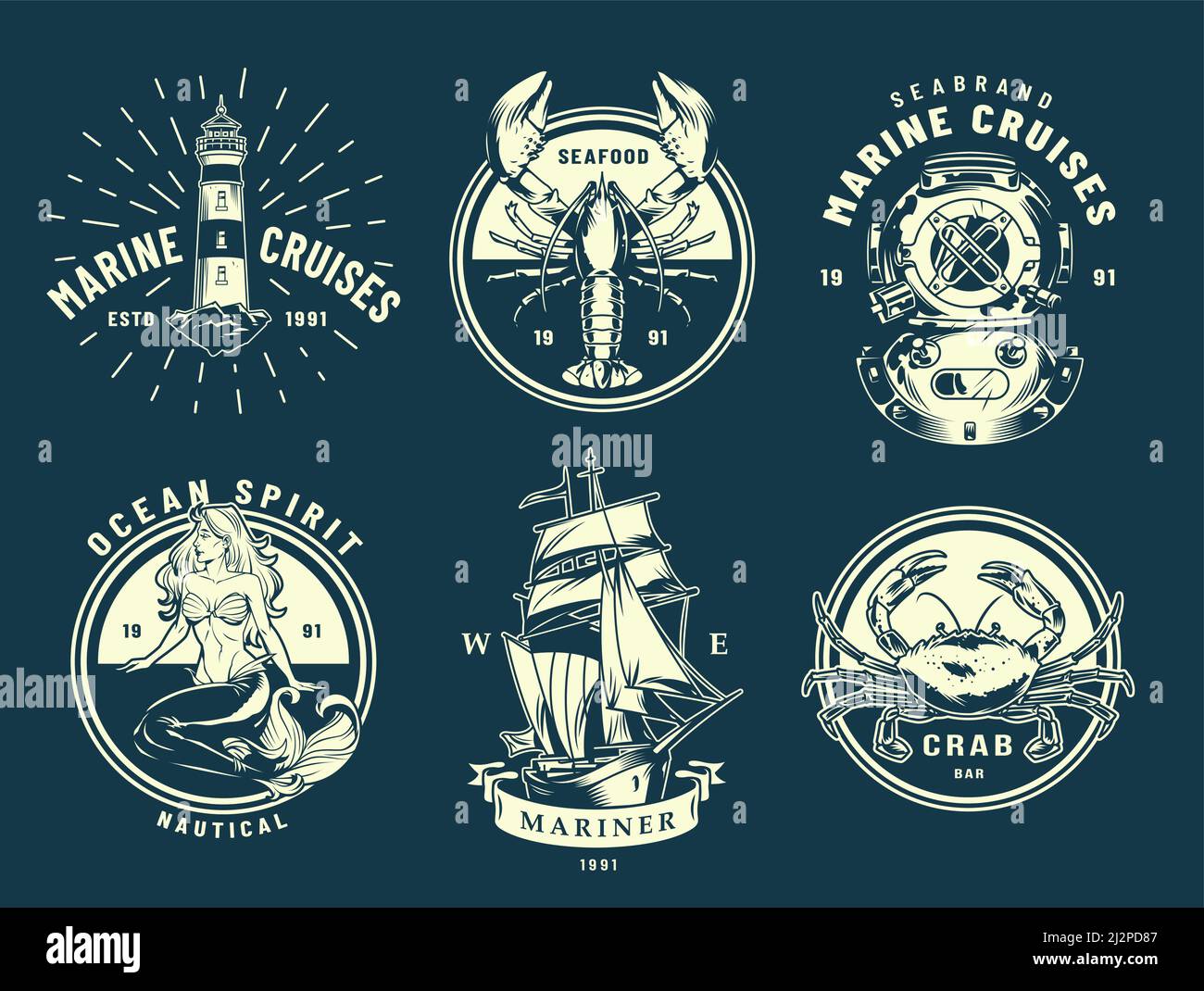 Vintage marine and sea labels with lighthouse mermaid lobster crab ship ...