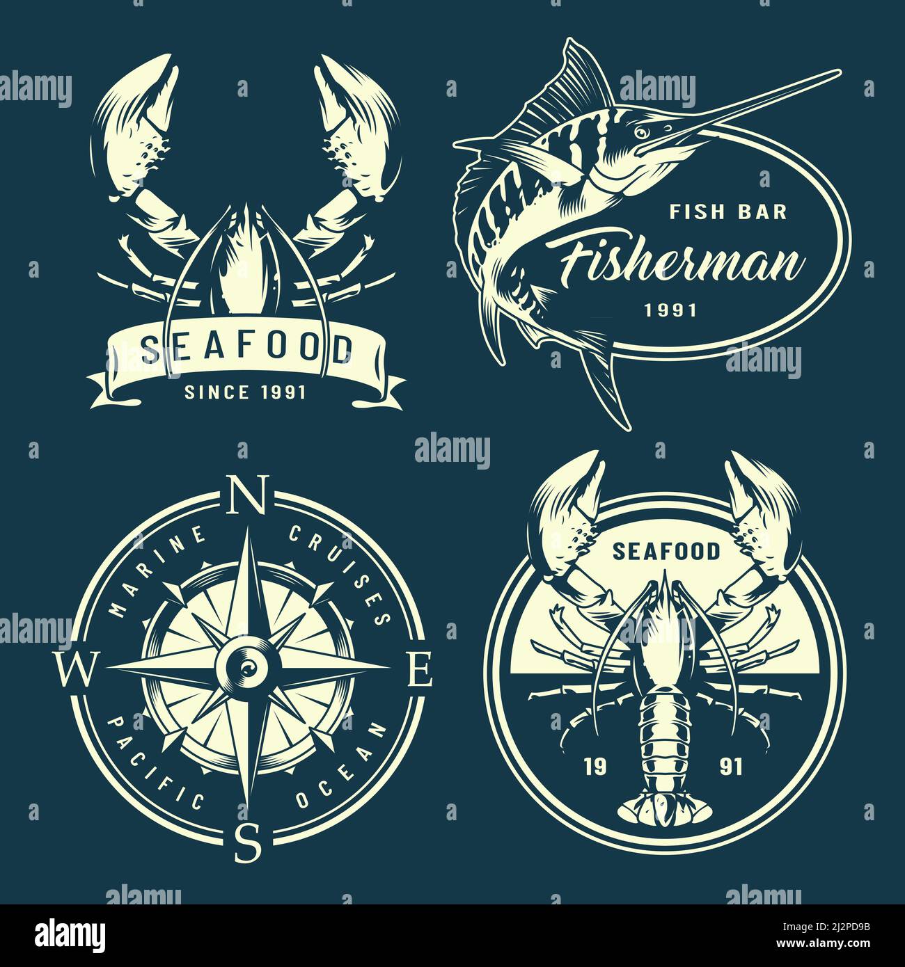 Vintage monochrome nautical and marine labels with navigational compass ...
