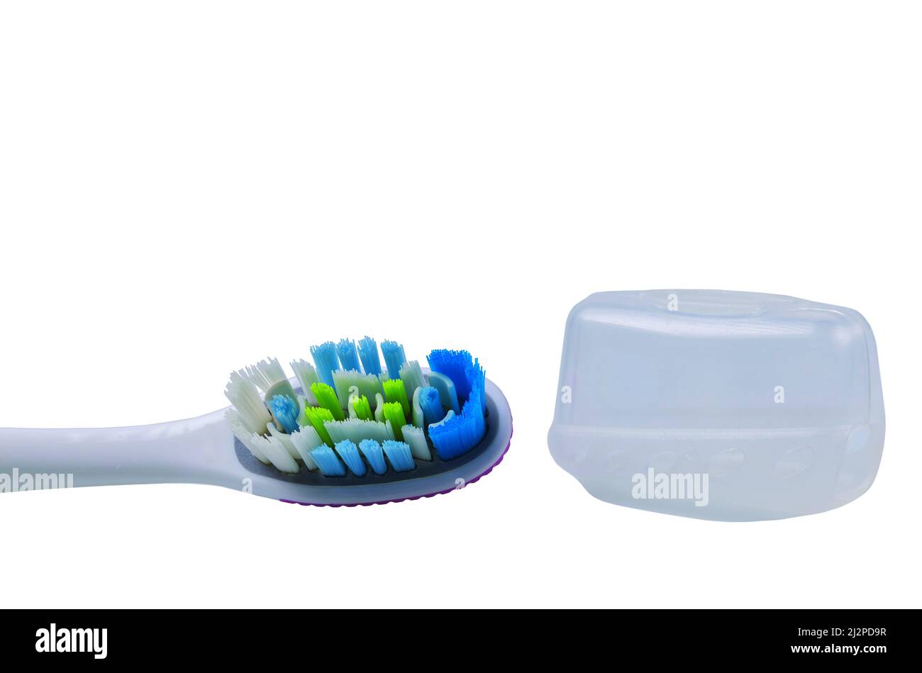 Close up view of toothbrush and protective case for travel isolated on ...