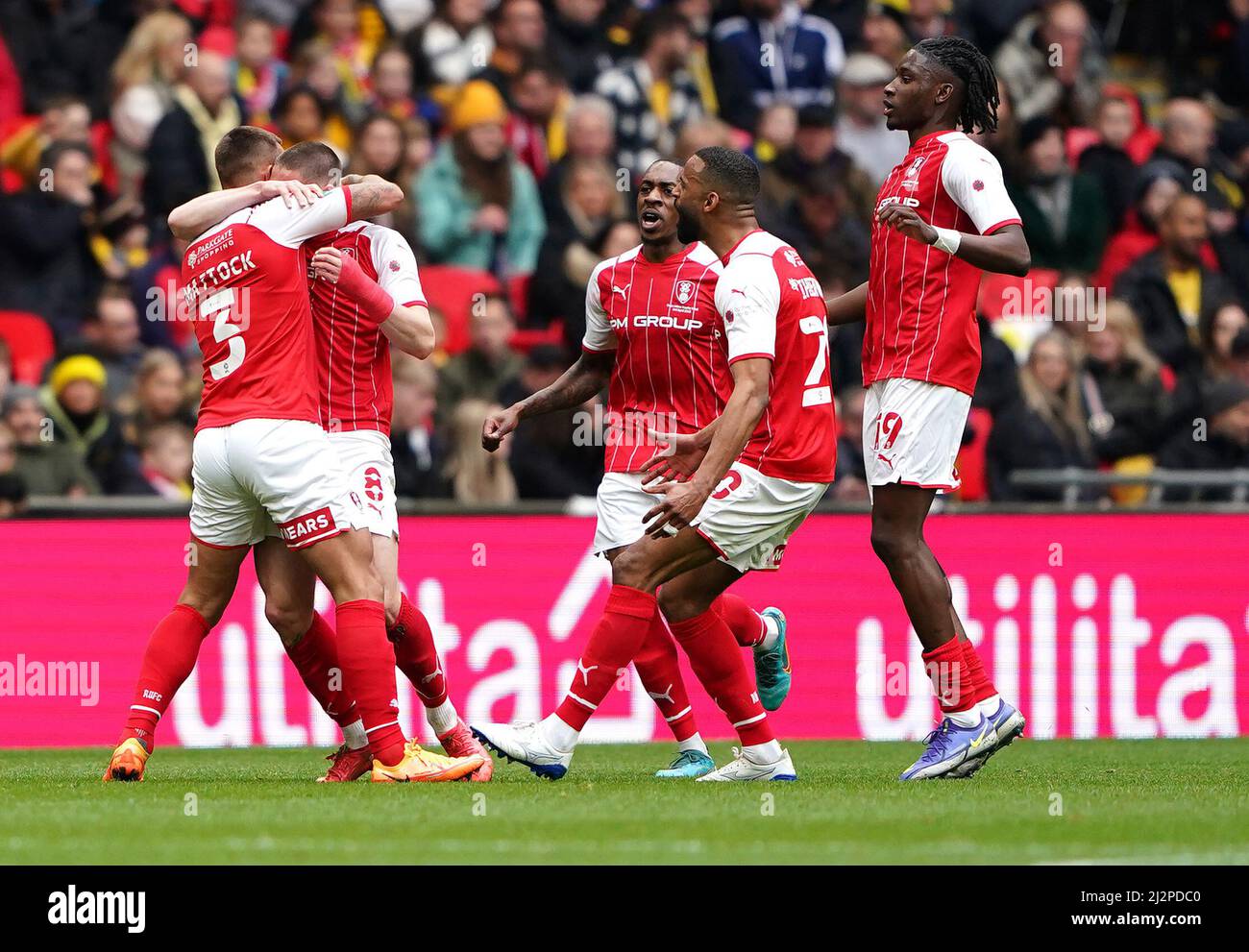 Rotherham United's Ben Wiles (second left) celebrates scoring their ...