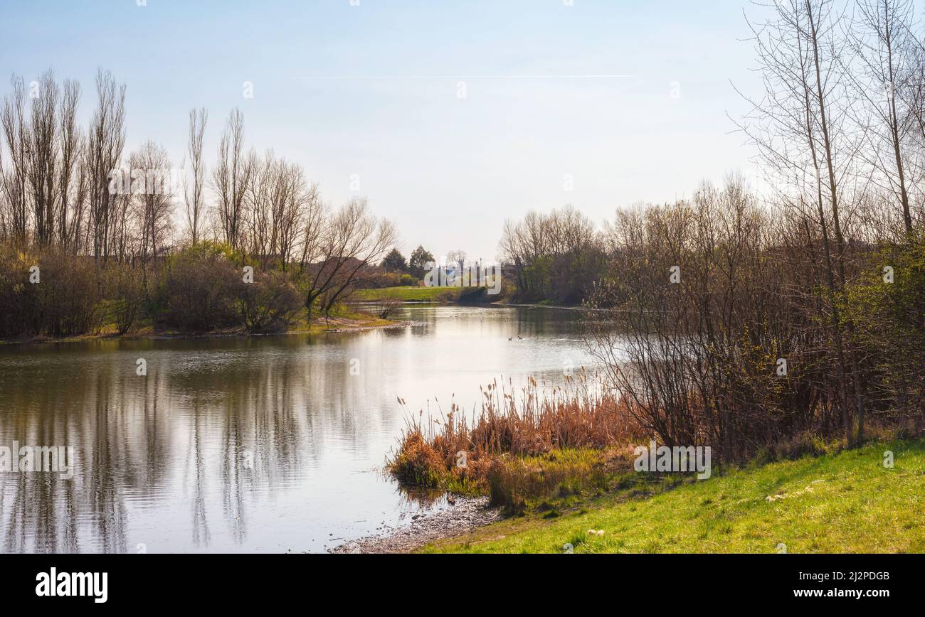 A lake meanders around a point of land. The trees on the far bank are ...