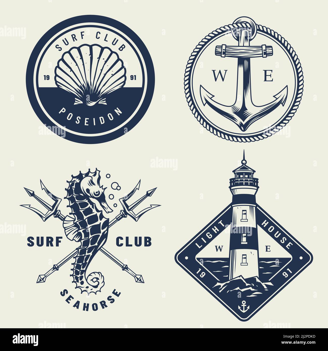 Vintage monochrome sea emblems set with seashell anchor seahorse ...