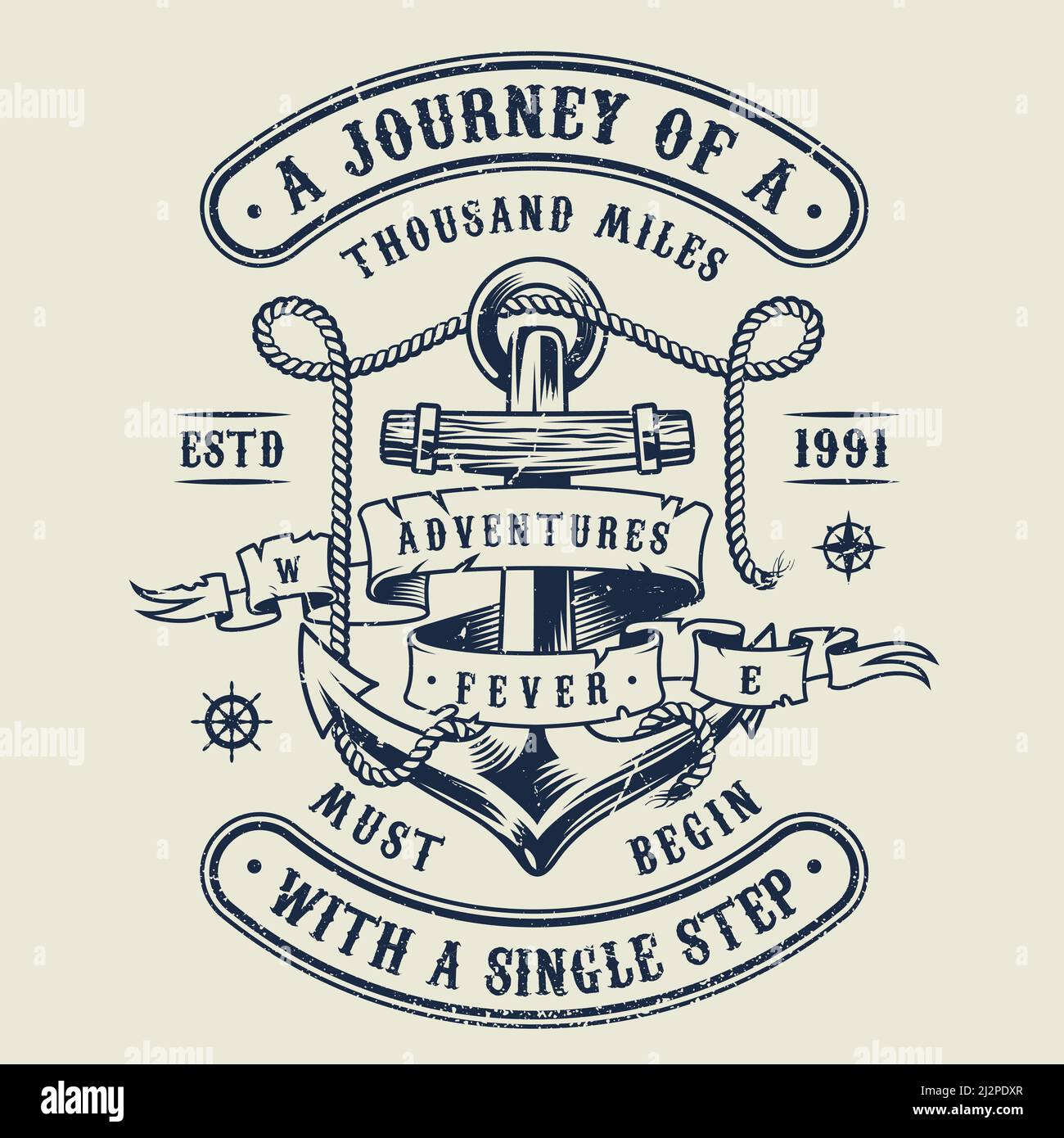 Vintage monochrome nautical emblem with anchor rope and inscriptions ...