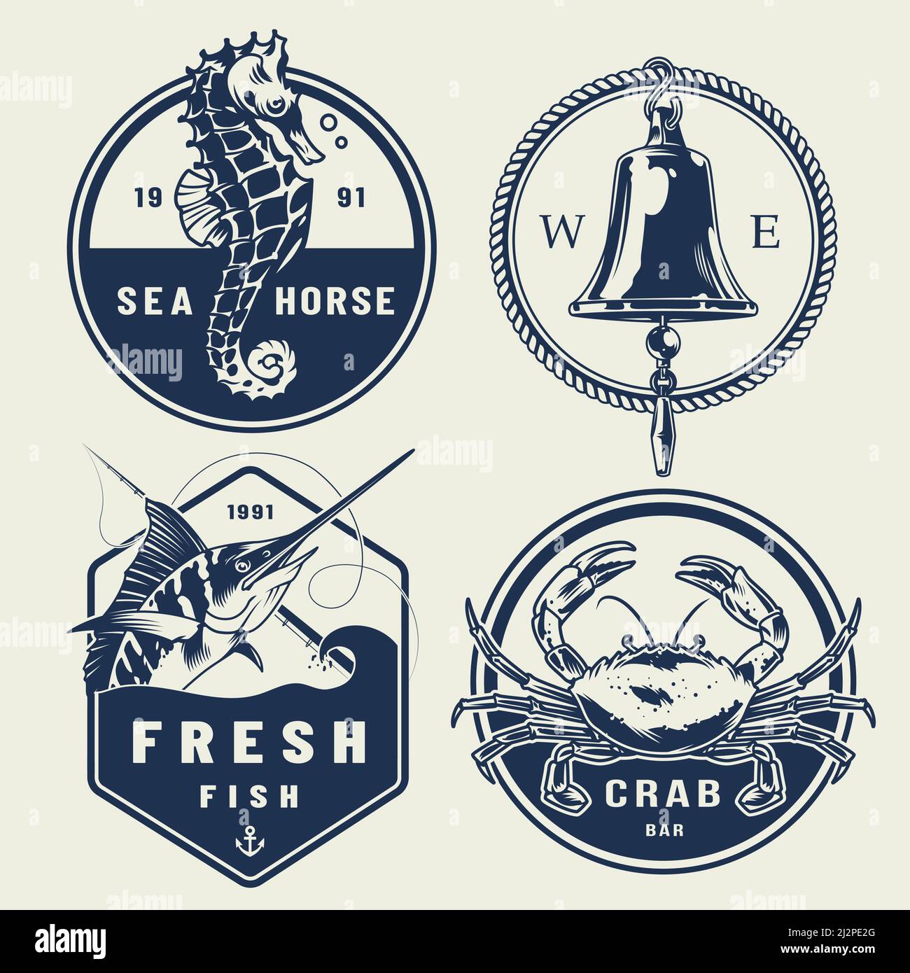 Vintage nautical labels collection with inscriptions seahorse ship bell ...