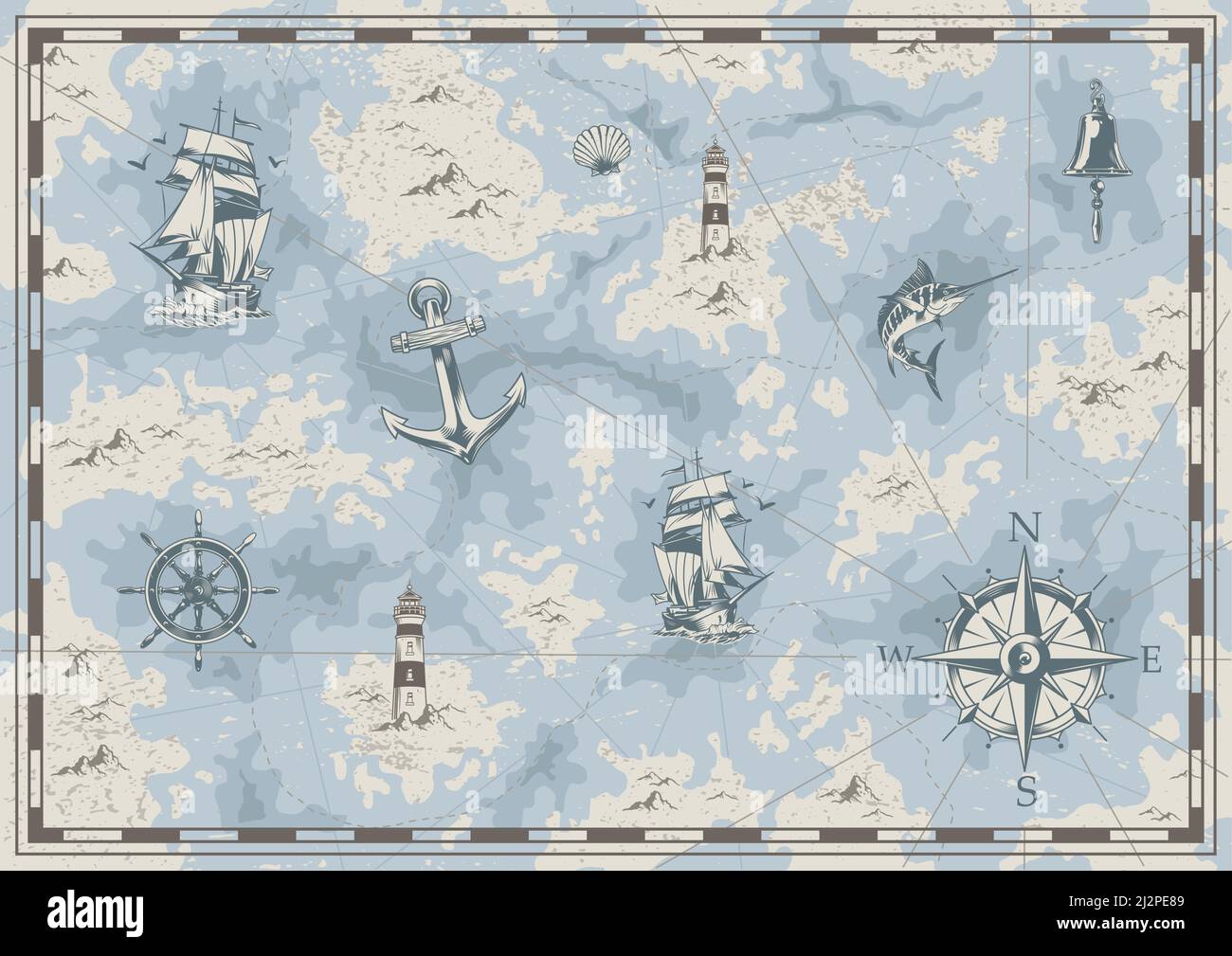 Vintage nautical old map concept with ship bell lighthouse swordfish ...