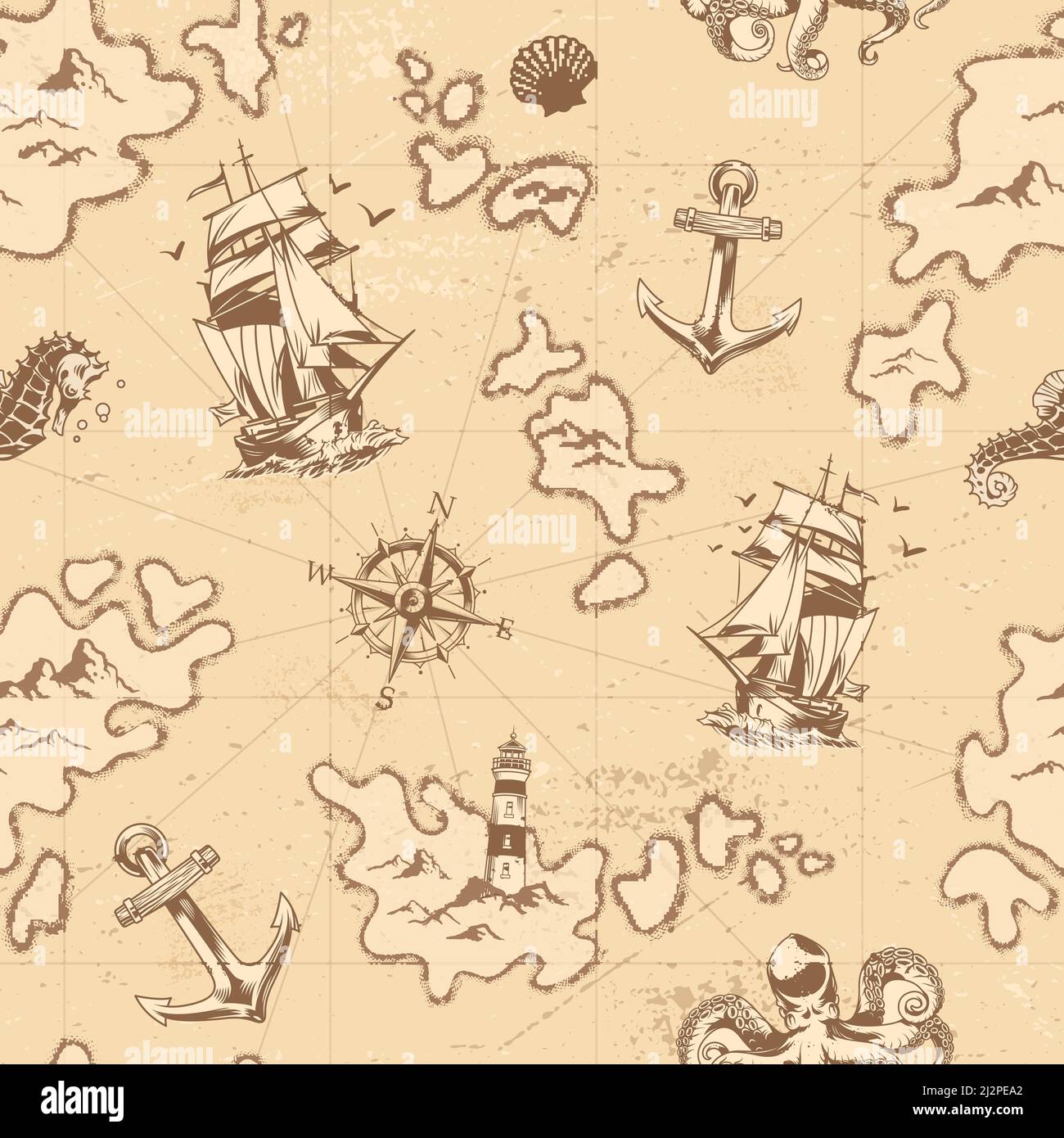 Vintage nautical seamless pattern with ship seahorse octopus anchor ...