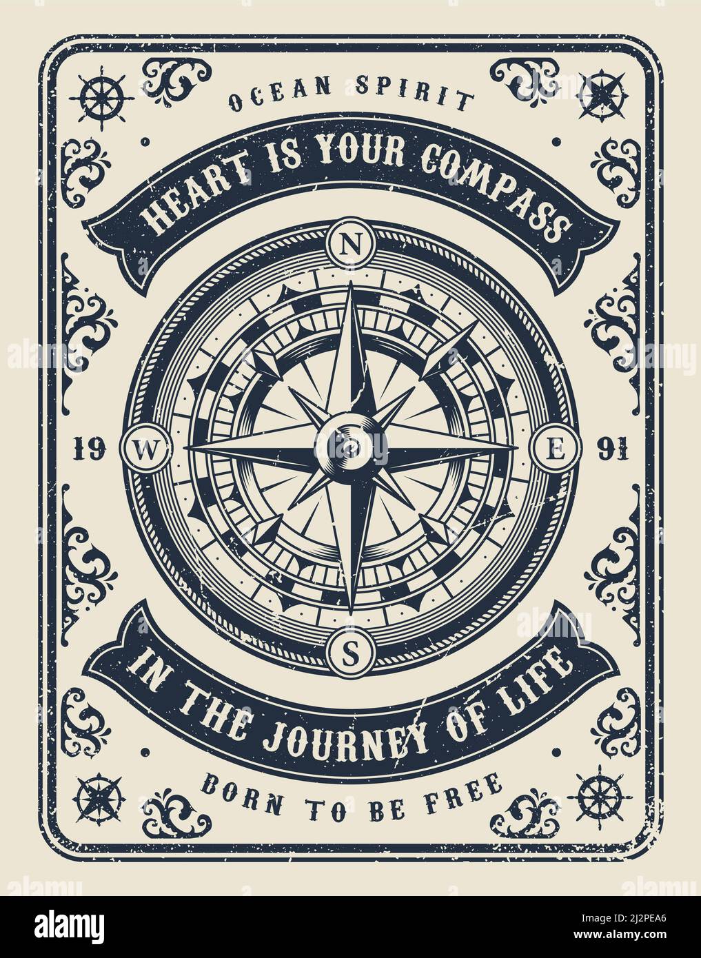 Vintage maritime monochrome template with navigational compass and ...