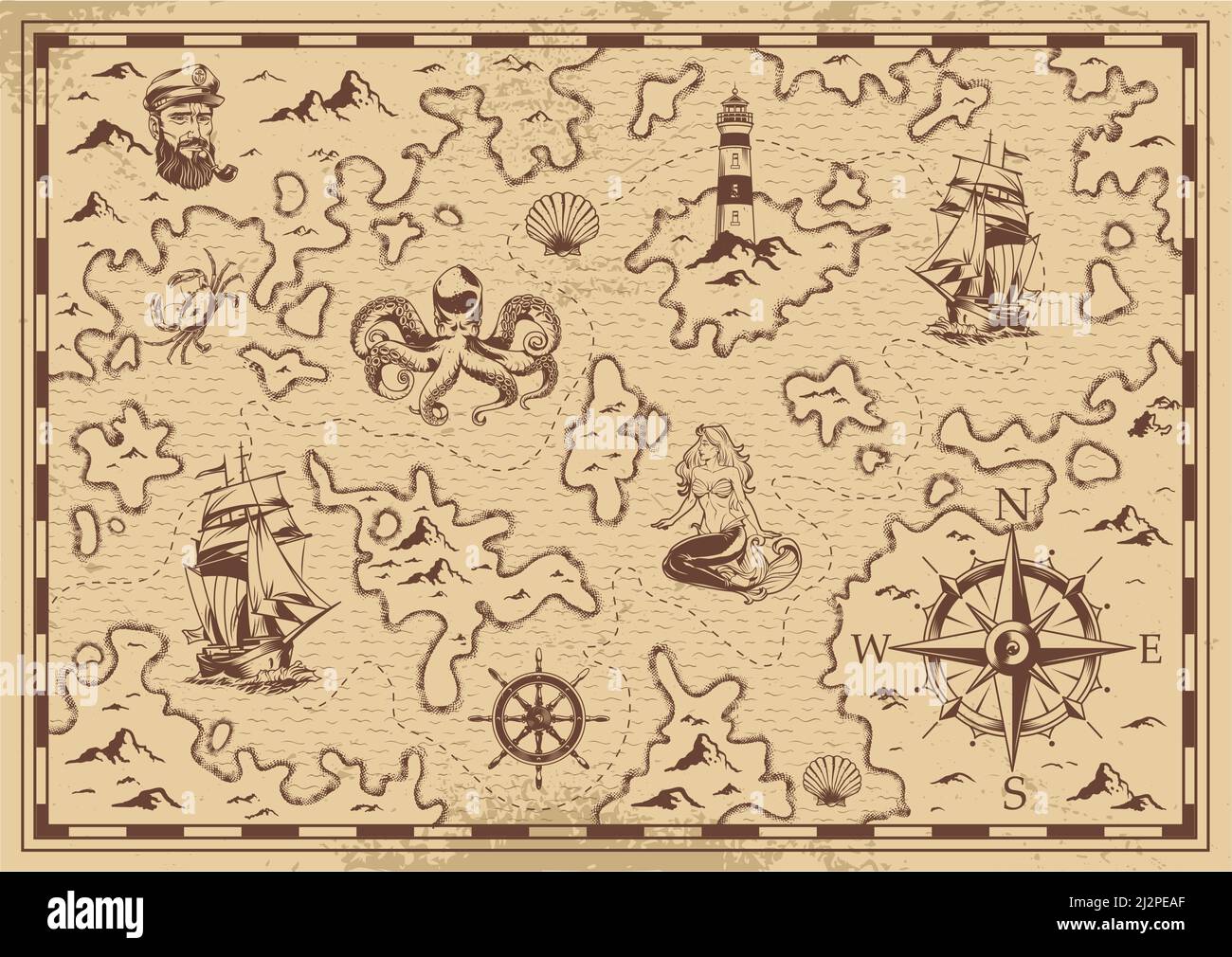 Vintage monochrome pirate treasure map with sailor ship wheel mermaid ...