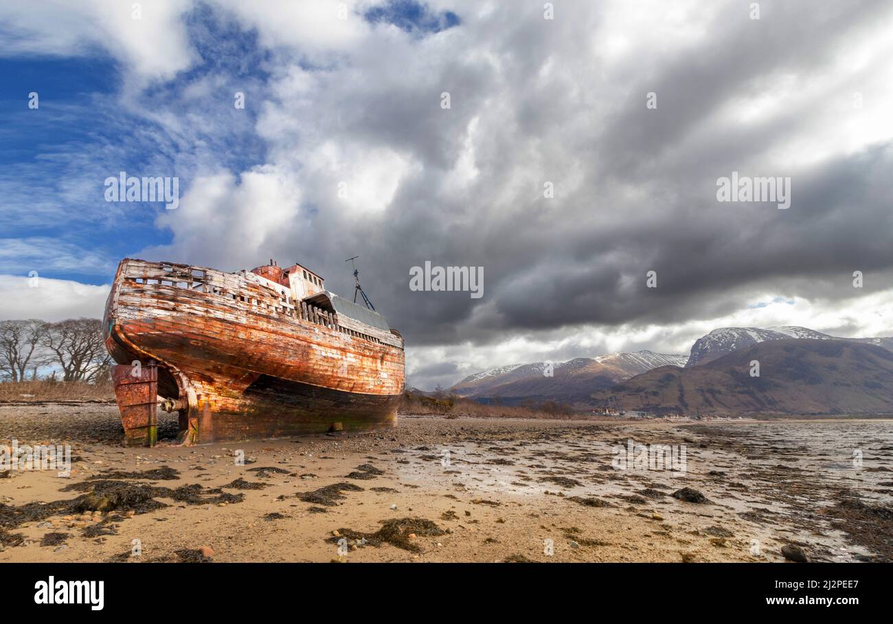 FORT WILLIAM SCOTLAND CAOL BEACH THE STRANDED OLD BOAT AND BEN NEVIS ...