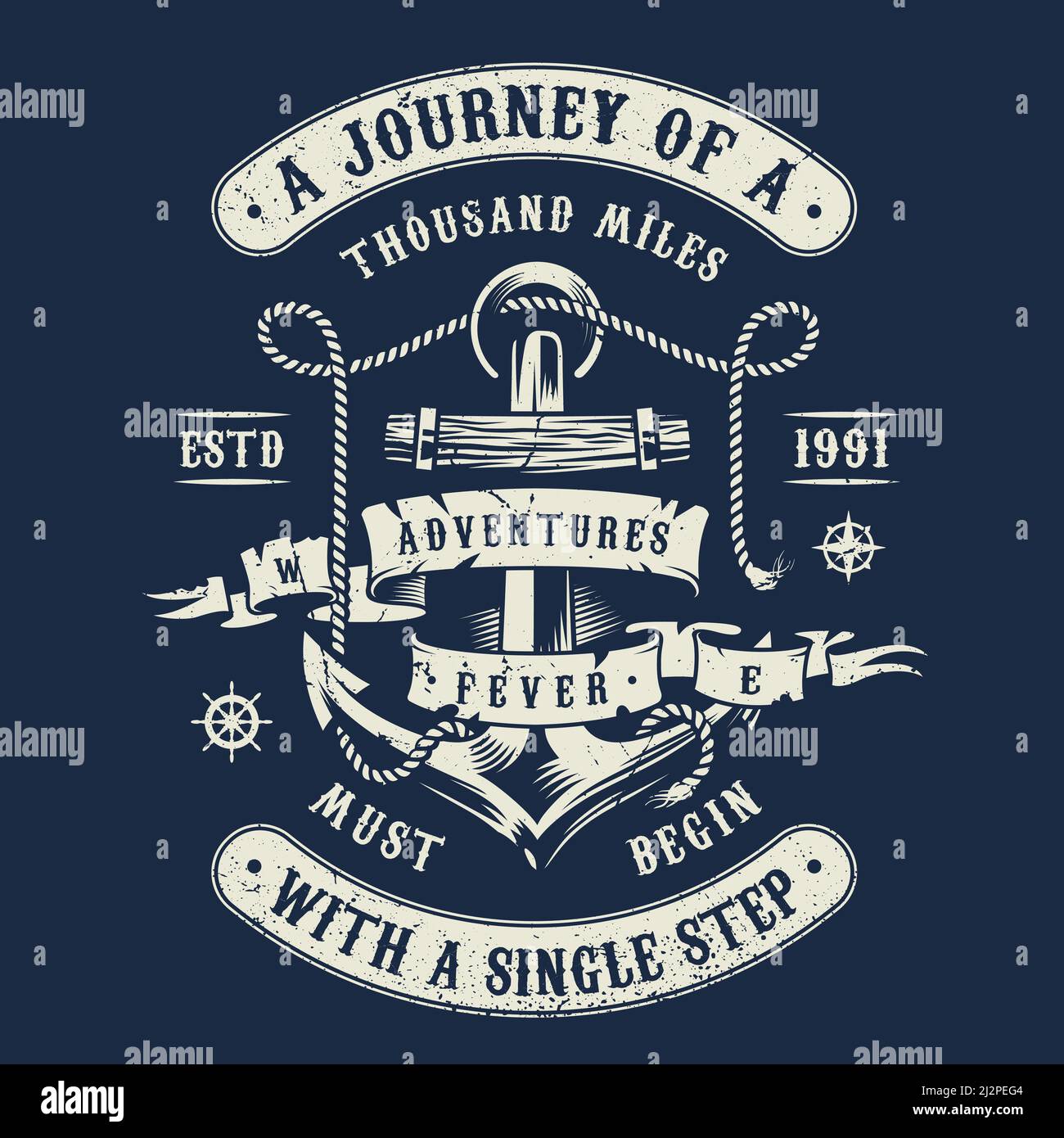 Vintage marine and nautical label with metal anchor rope and ...