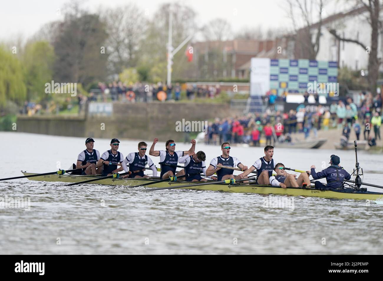 Oxford celebrate winning the 167th Men's Boat Race on the River Thames ...