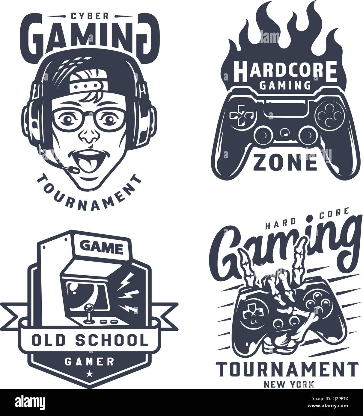 Vintage monochrome gaming labels set with boy wearing headphones ...