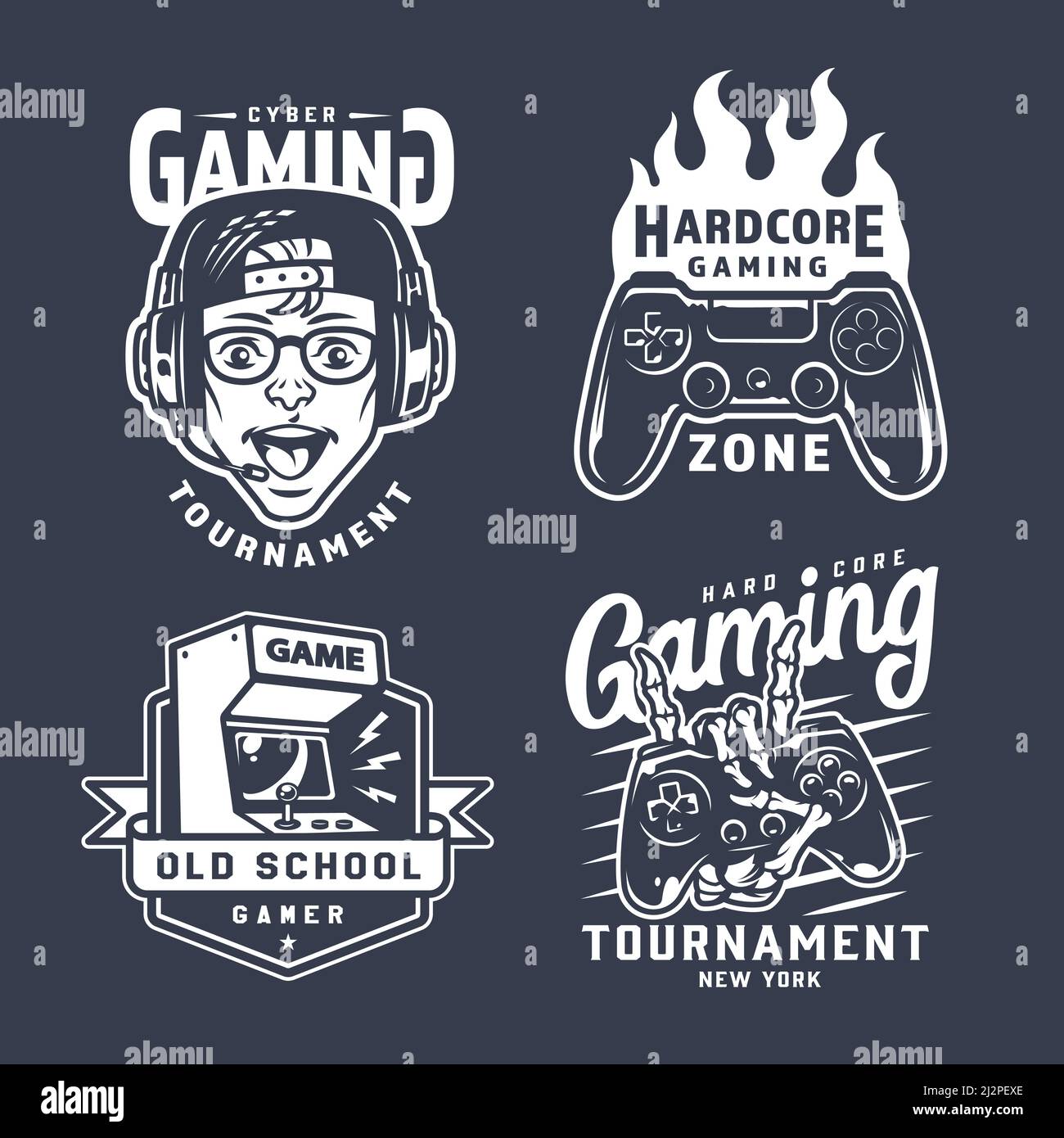 Vintage monochrome gaming emblems set with gamer in headphones fiery ...