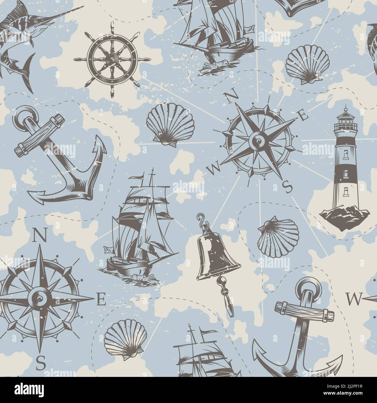 Vintage nautical elements seamless pattern with swordfish ship bell ...