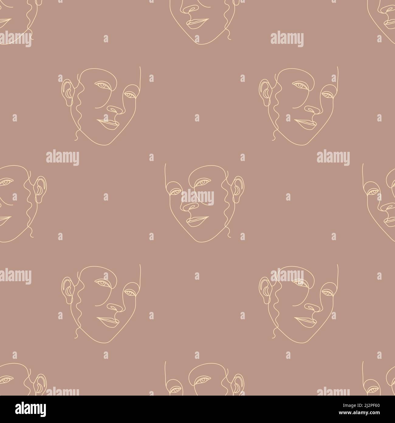 Seamless pattern with one single line drawings of female face. Beige ...