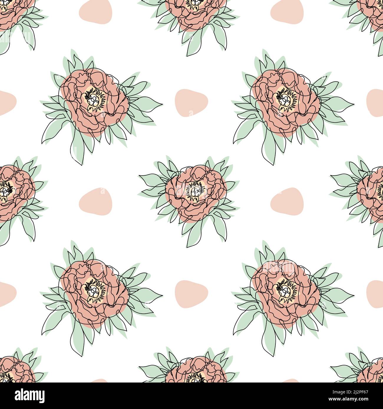Seamless pattern with one single line drawings of peony flowers and ...