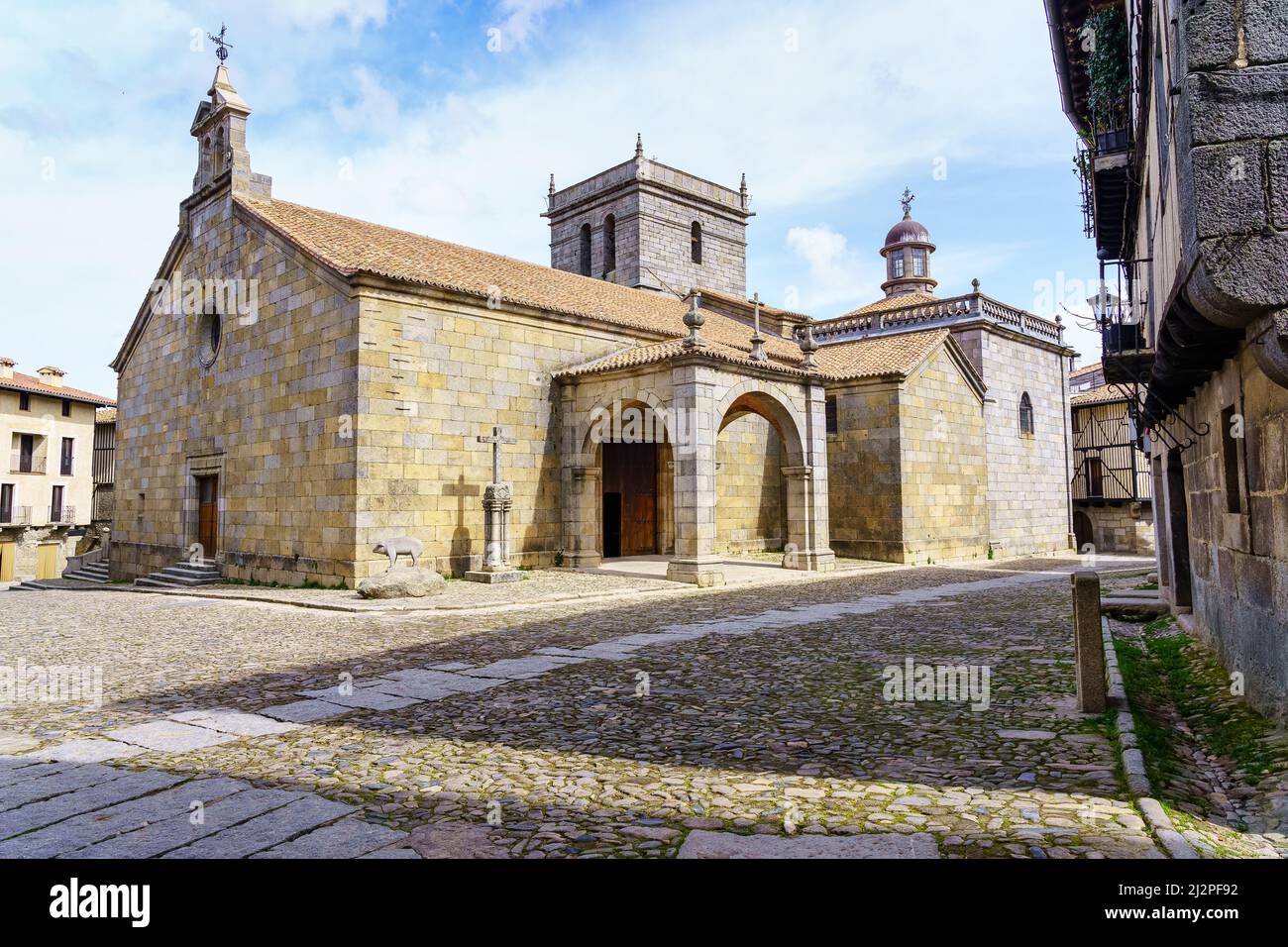 Old church with bell tower in the medieval town of La Alberca ...