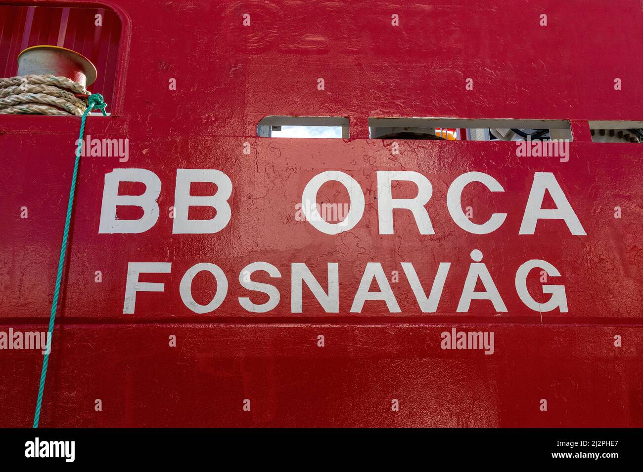 Vessel name and detail from hull of BB Orca, a service vessel ...