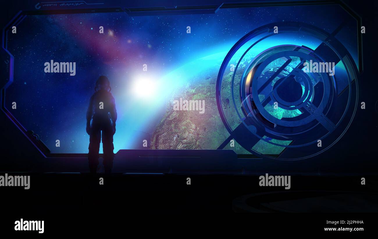 Spaceman of the future in Earth orbit, 3D render Stock Photo - Alamy