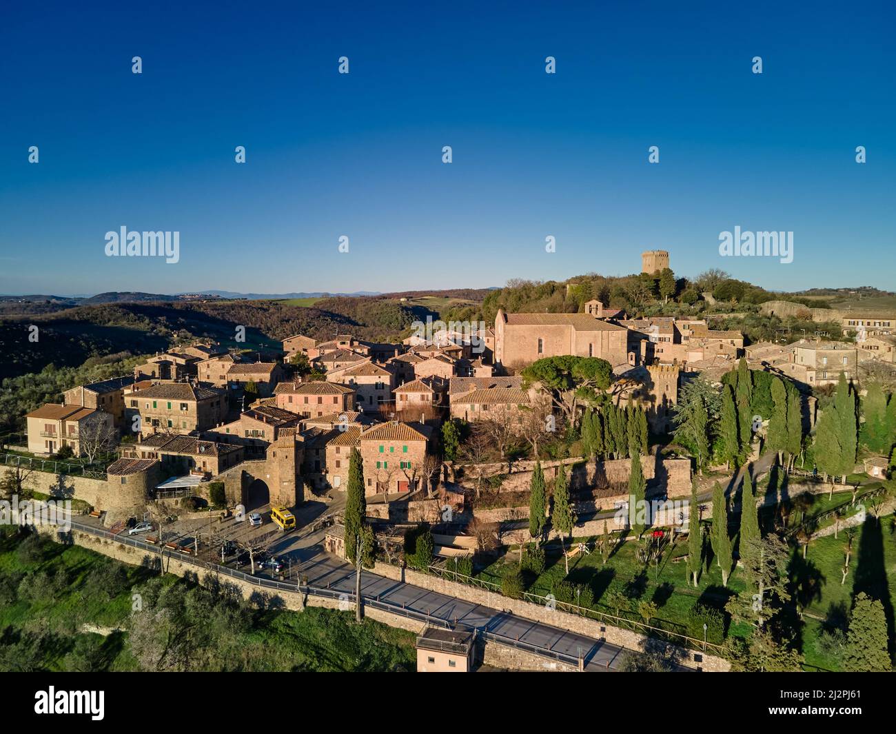 drone shot of medieval town Monticchiello, Tuscany, Italy Stock Photo ...