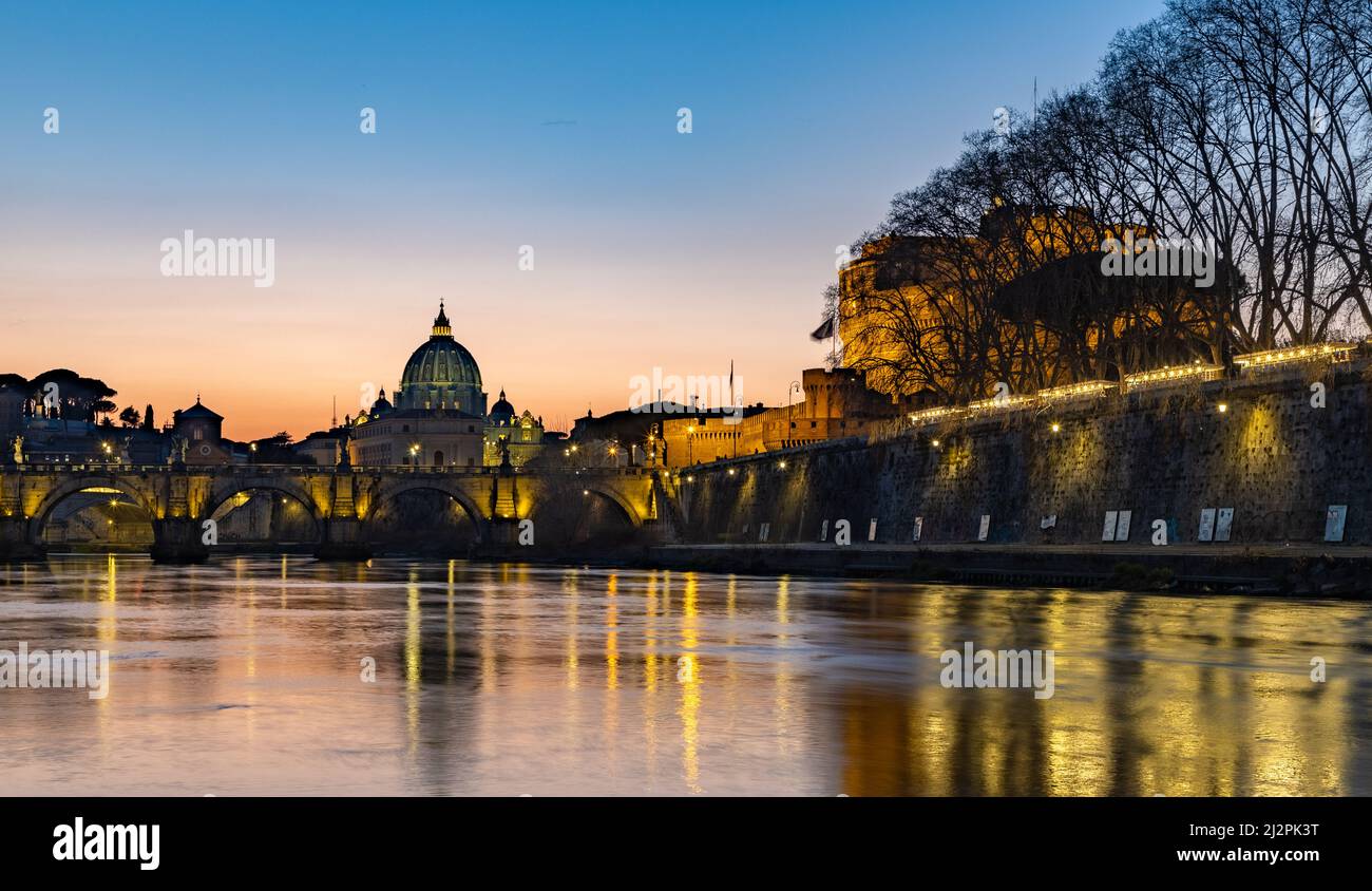 A picture of the St. Angelo Bridge, the St. Peter's Basilica, the Castel Sant'Angelo, and the ...