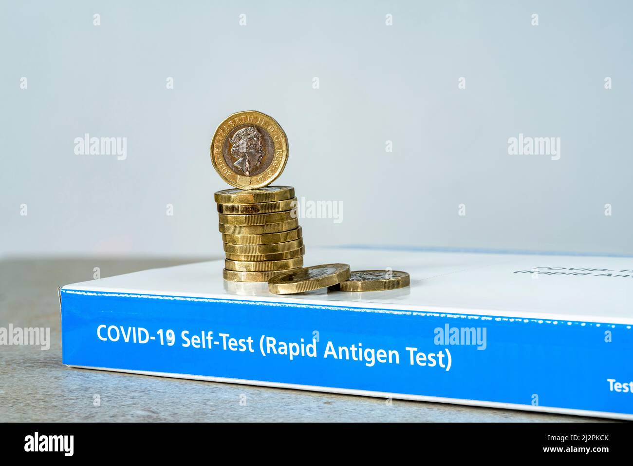 Box of lateral flow tests and a stack of £1 coins on top. End of free ...