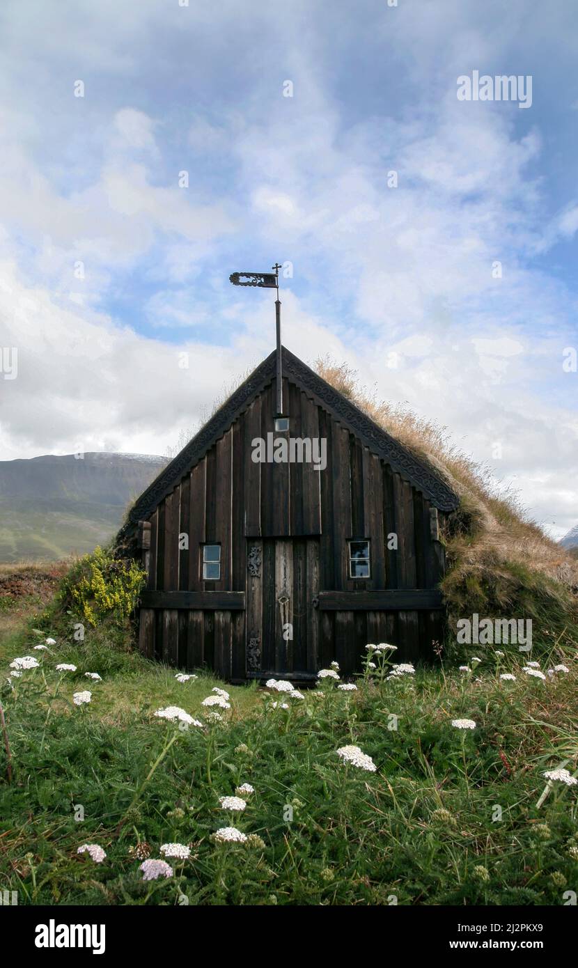 Historic Grafarkirkja turf roof church in Grof, Hofdastrond, Iceland ...