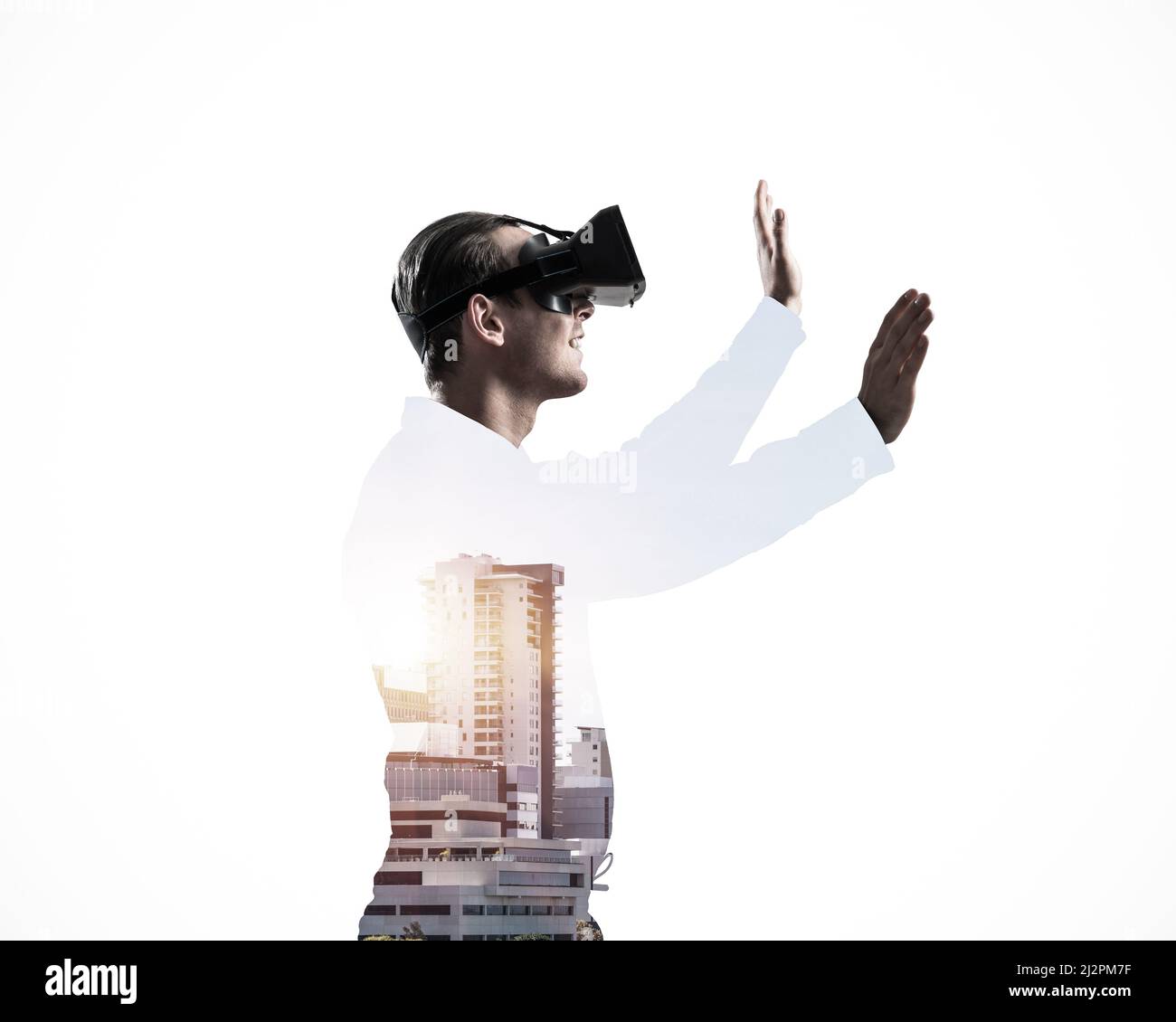 Guy wearing checked shirt and virtual mask stretching hand to touch ...