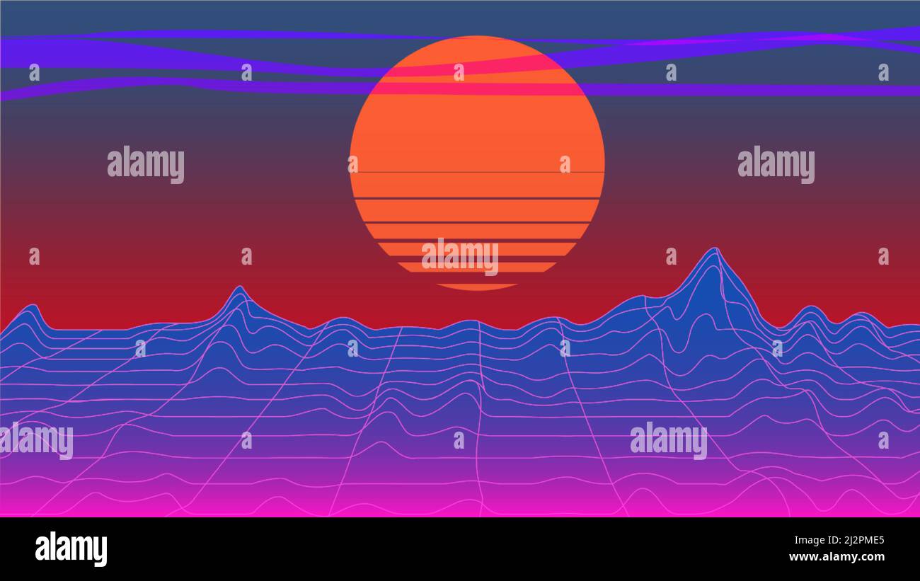 sun mountains horizon abstract background 80e style, bright vintage ...