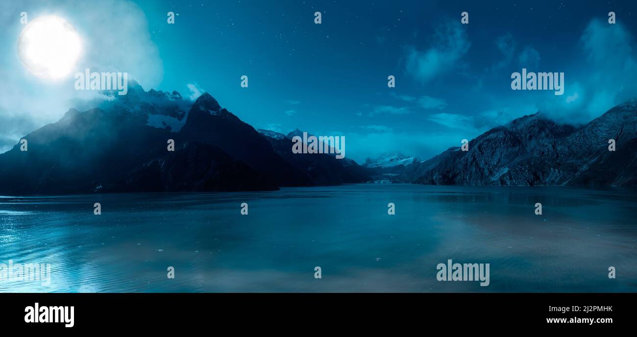 Magical Night Scene with Full Moon in cloudy sky. Mountain Landscape ...