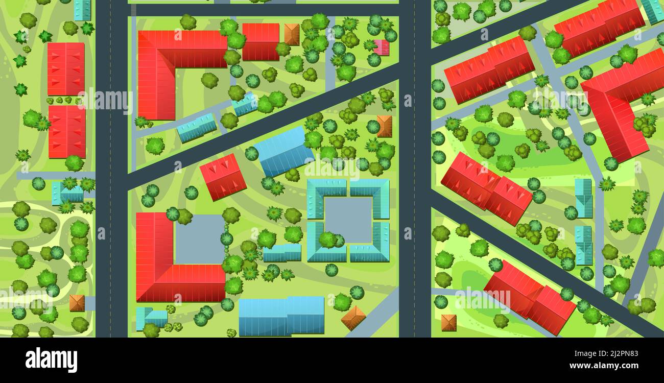 Industrial building. Streets of city. Top View from above. Small town ...